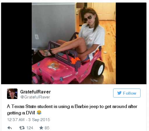 Texas State student rides Barbie Jeep, captures Internet's attention ...